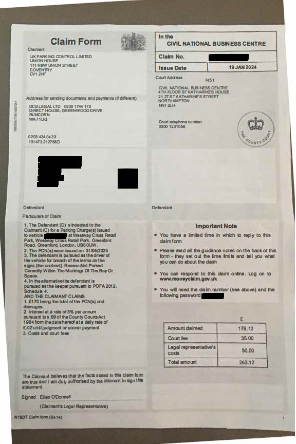 UKPC DCBL claim form received for disabled bay parking at Westway Cross ...