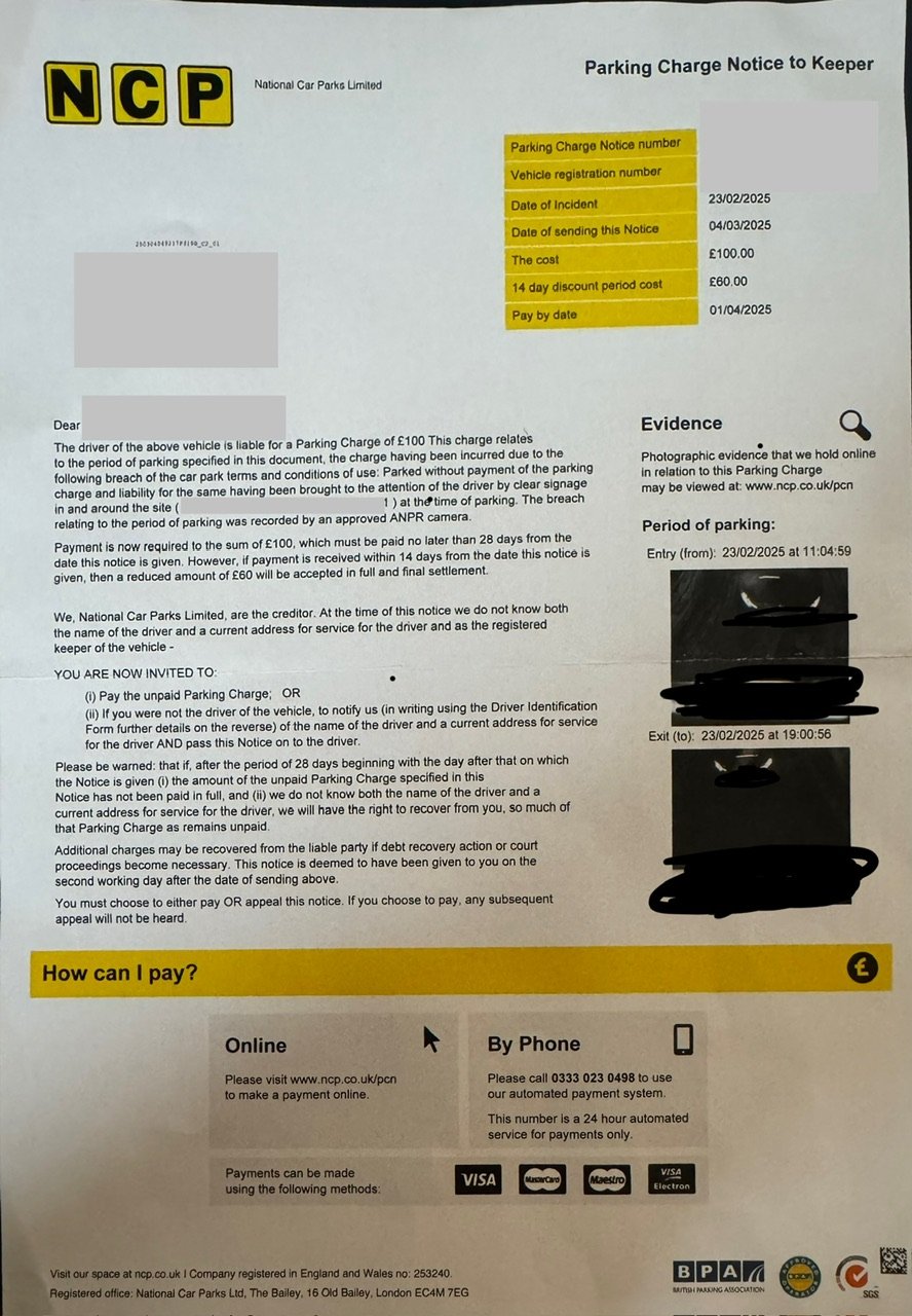 NCP Autopay Deactivated. Parking Charge Notice to Keeper ...