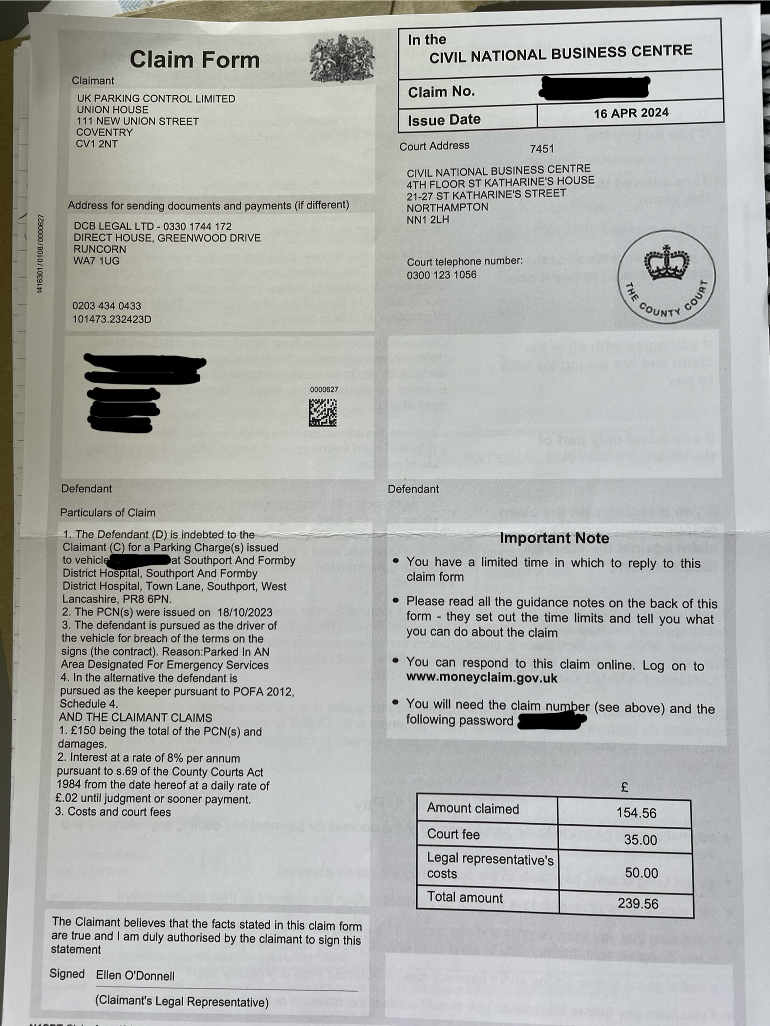 UKPC/DCB Legal claim form defence - hospital parking ...