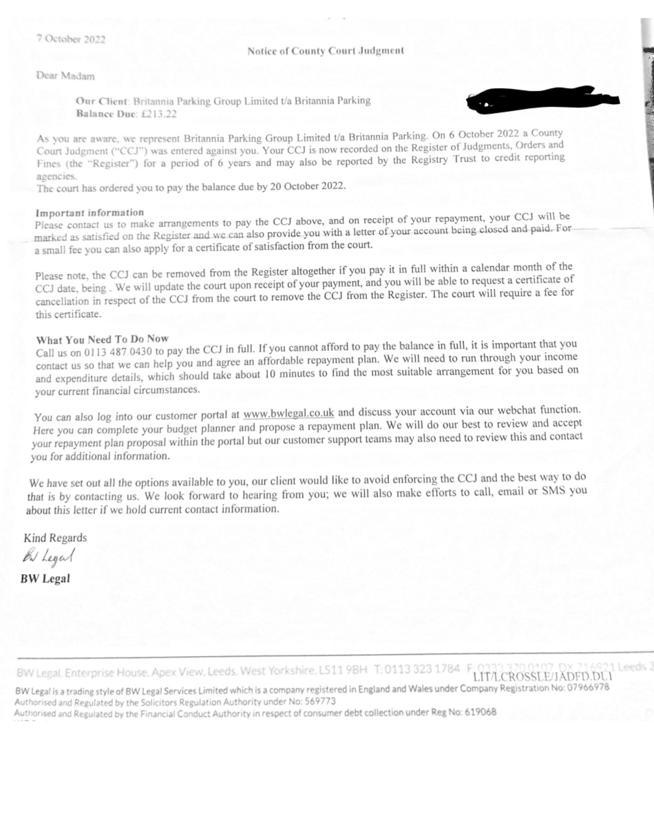 Advice please letter dated 7th of October 2022 Notice of CCJ from BW ...