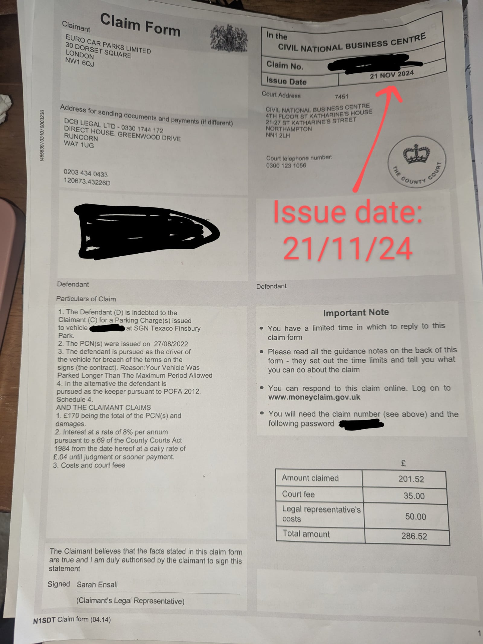 DCB LEGAL (from Sarah Ensall) CCJ / court claim dated 30/12/24 ...