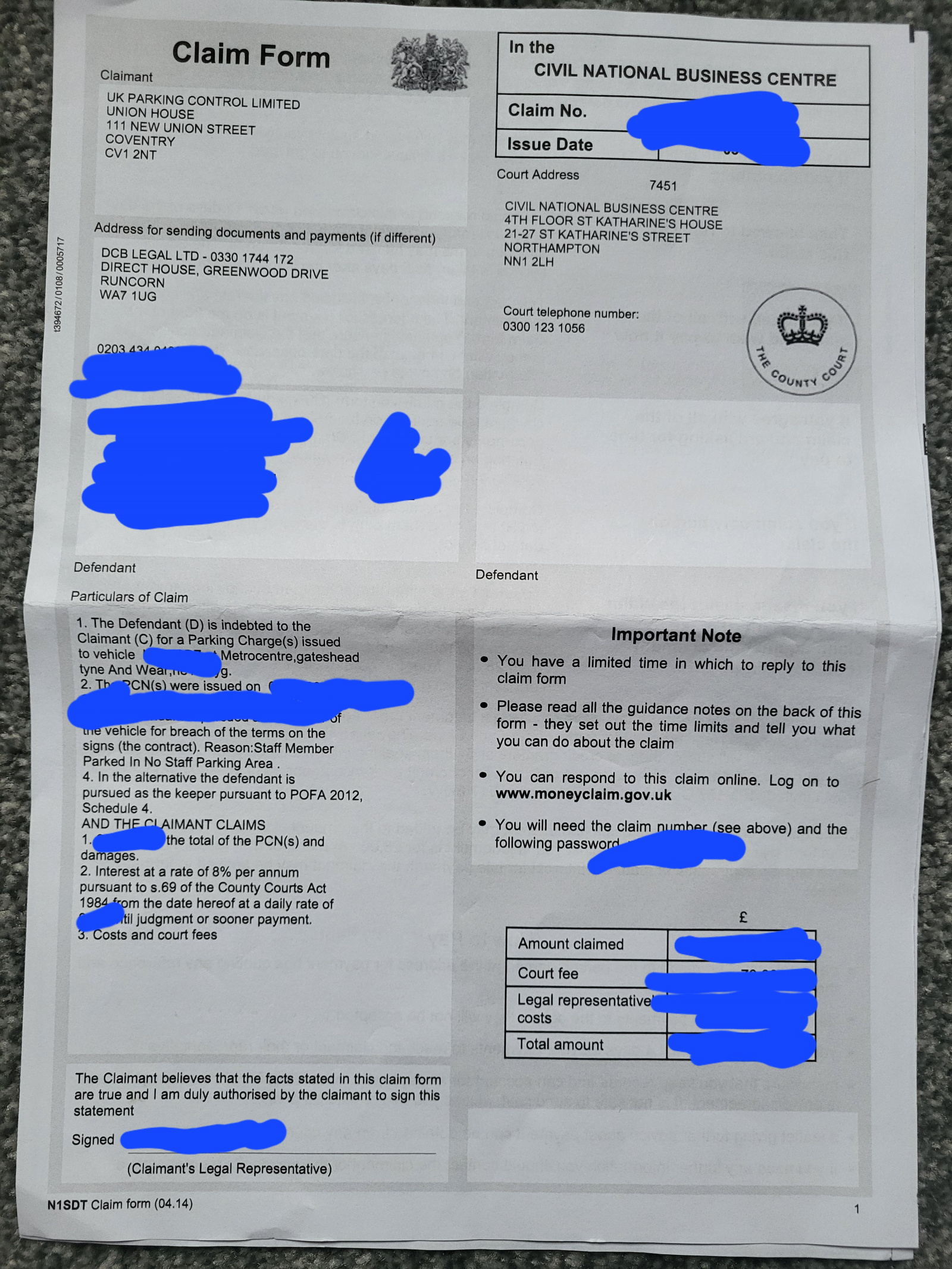 UKPC / DCB Legal - Court Claim - Staff Member Parking In No Staff ...