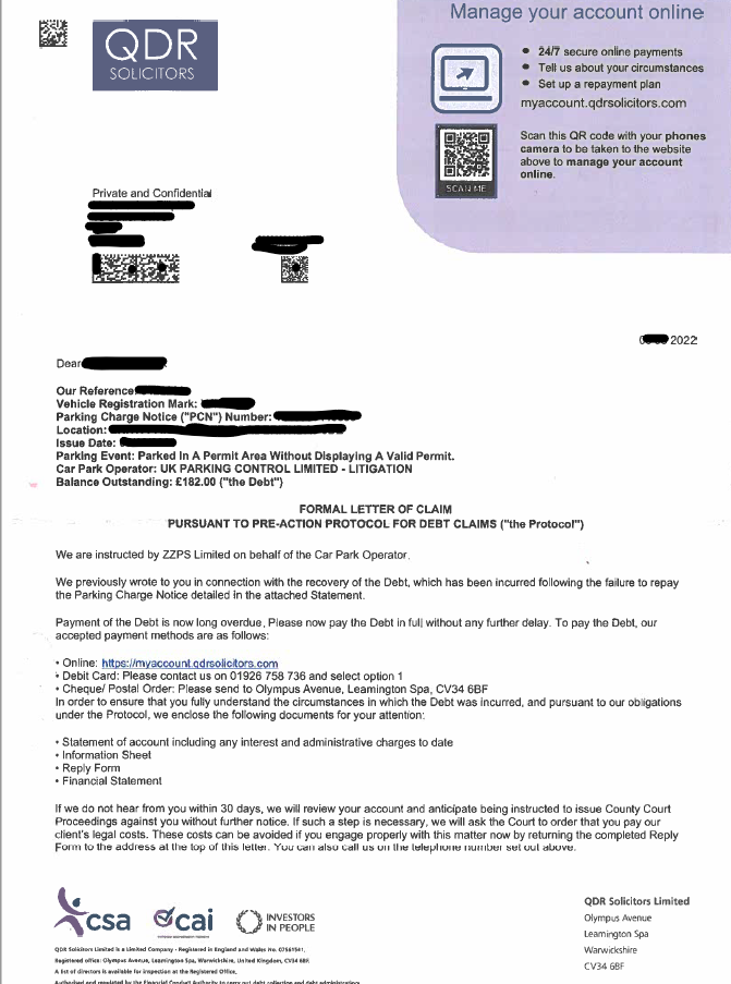 PCN address does not match to where car was parked / QDR formal letter ...