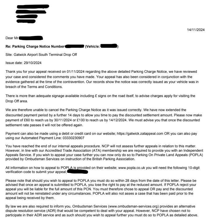 Gatwick drop off PCN from NCP - appeal rejected, can I do anything or ...