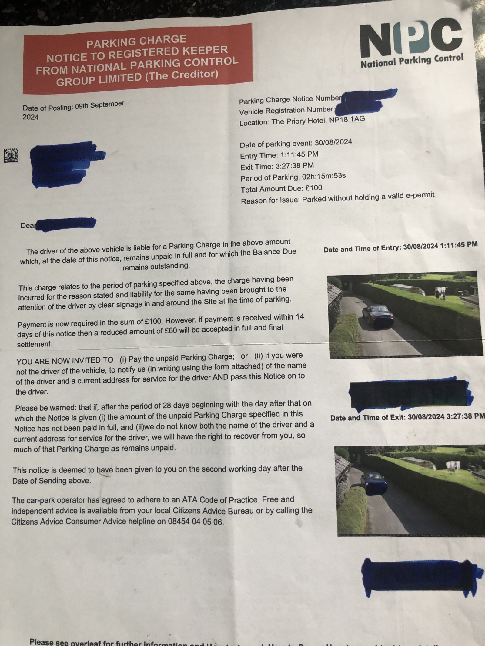 NCP National Parking Control Parking Group Ltd £100 Charge. Land owner ...